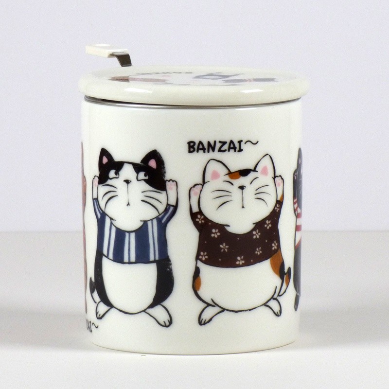 Banzai' Japanese Cat Design Mug with Tea Strainer and Ceramic Lid